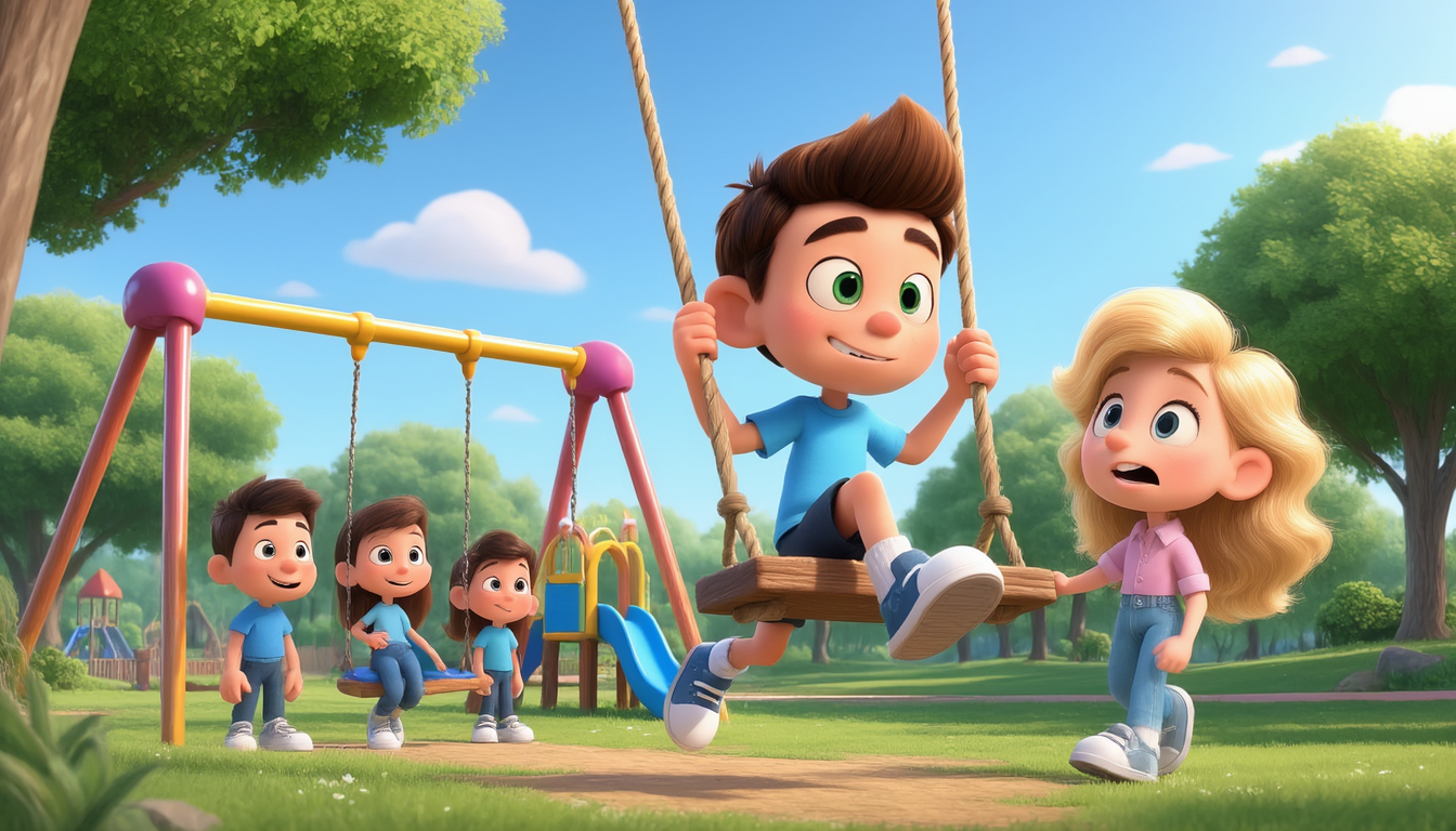 Pixar Style 3d Animation Boy Running Playground Swing Smiling Kids ...