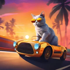 Cool Cat Driving Sports Car At Sunset | AI Video