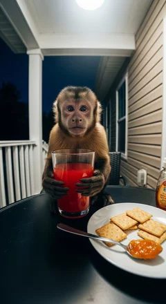 Capuchin Monkey Spills Juice And Crackers On Table Night Time Porch ...