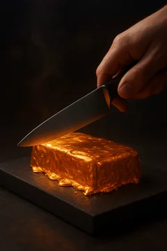 Hand Slicing Golden Cheese Block With Sharp Knife In Dramatic Lighting ...