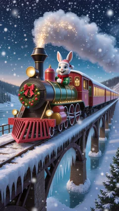Cute Pixar Bunny In Winter Hat Riding Christmas Train Across Snowy ...