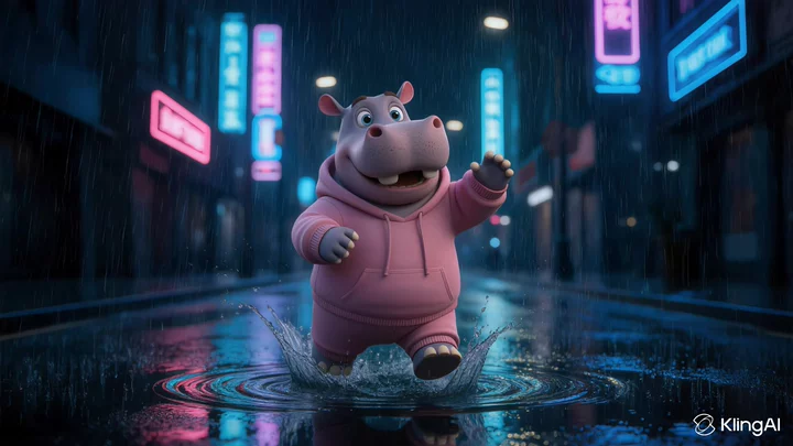 Benny The Hippo Dancing In Neon Lit Rainy City Street Handheld Camera ...