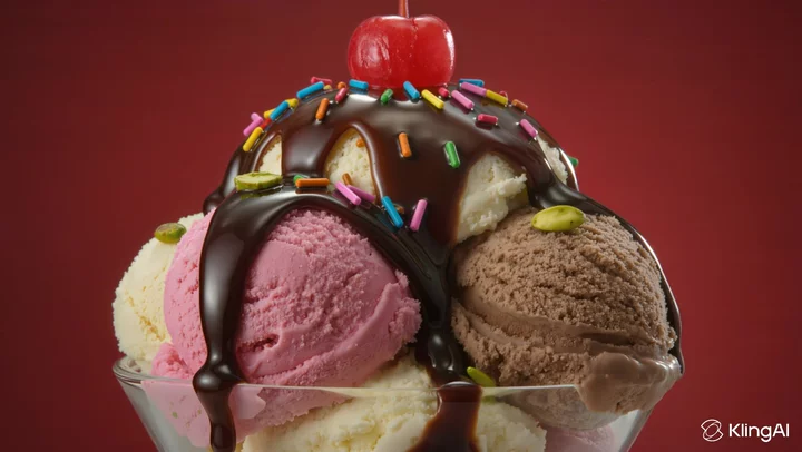 Delicious Ice Cream Sundae With Chocolate Sauce And Sprinkles | AI Video