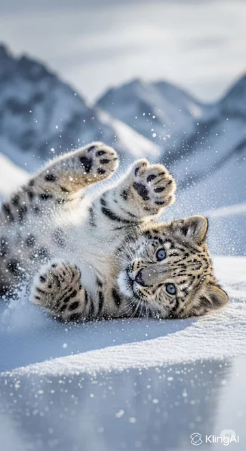 Cute Snow Leopard Cub Playing In The Snow Mountains Background | AI Video