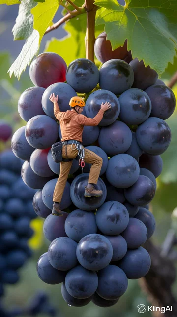 Man Climbing Giant Grape Cluster In Vineyard Adventure | AI Video