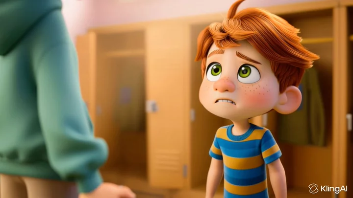 Pixar Style 3d Animation Kindergarten Locker Room Red Haired Boy Angry ...