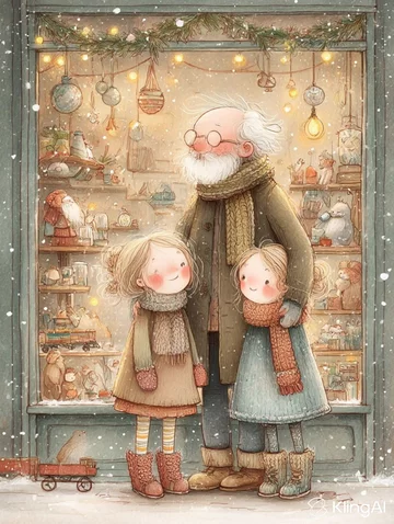 Christmas Scene Grandfather And Granddaughters In Festive Shop | AI Video