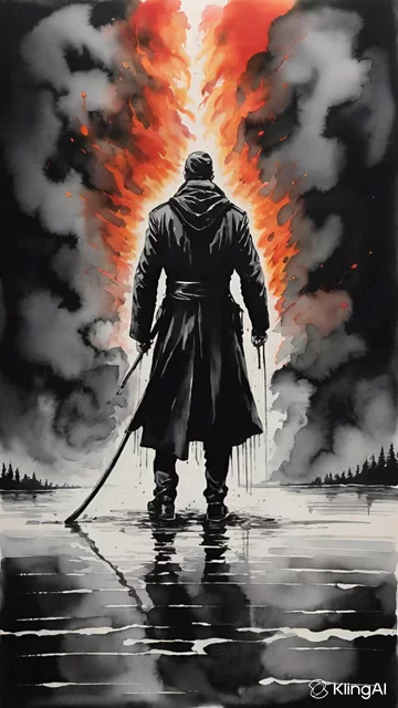 Dramatic Armored Warrior With Flowing Sword In Misty Field Fiery Sun ...