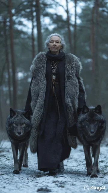 Tranquil Scene Elderly Woman With Wolves In Snowy Forest | AI Video