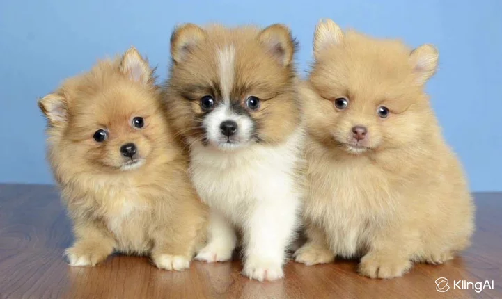 Three Cute Puppies Dancing Together On A Wooden Table | AI Video