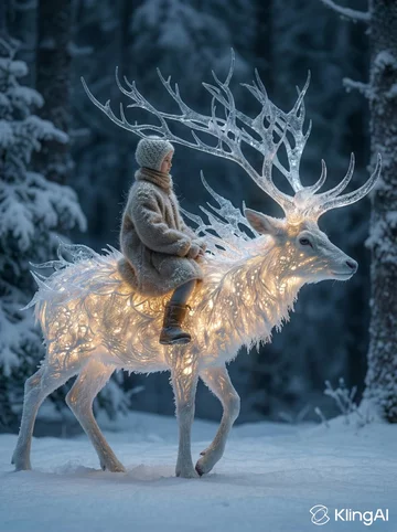 Fragments Of A Dream Girl Riding Ice Deer In Winter Forest | AI Video