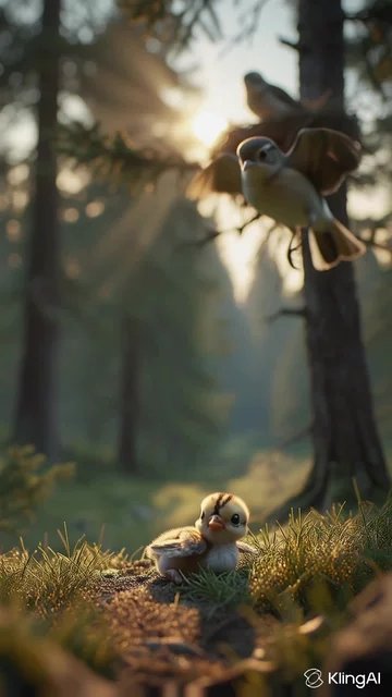 Mother Bird Rescues Fallen Chick In Serene Forest Sunrise Scene | AI Video