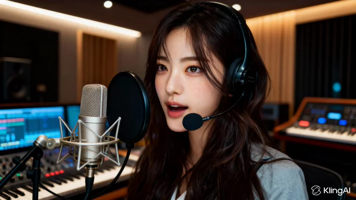 Young Singer Recording In Professional Studio With Headphones And ...