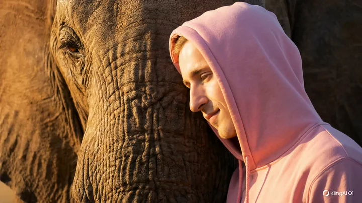 Lil Prompt In Pink Hoodie Gently Embraces Adult Elephant Golden Hour ...