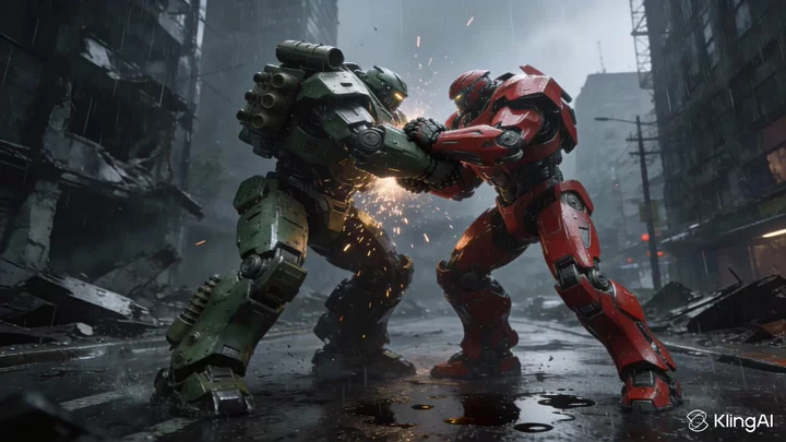 Epic Robot Battle In Rainstorm Powerful Combat Action | AI Video