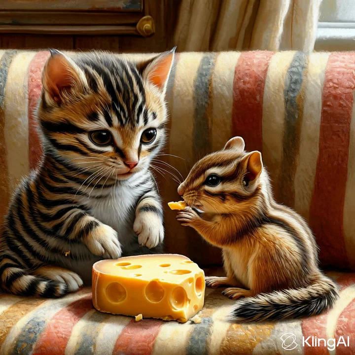 Kitten And Chipmunk Sharing Cheese On A Couch | AI Video