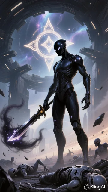 Humanoid Figure Black Armored Suit Glowing Sword Cosmic Energy Dramatic ...