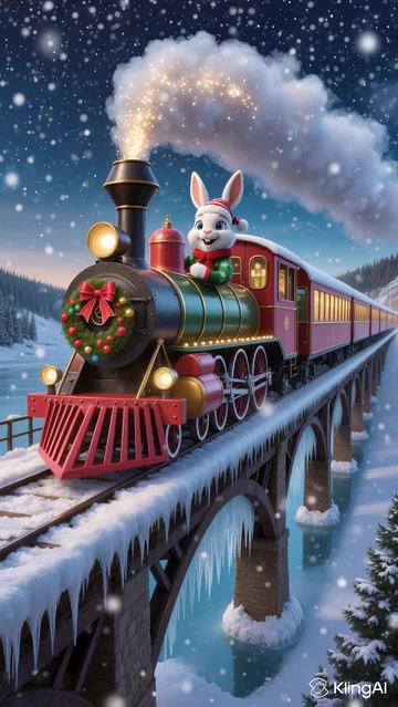 Cute Pixar Bunny In Winter Hat Riding Christmas Train Across Snowy ...