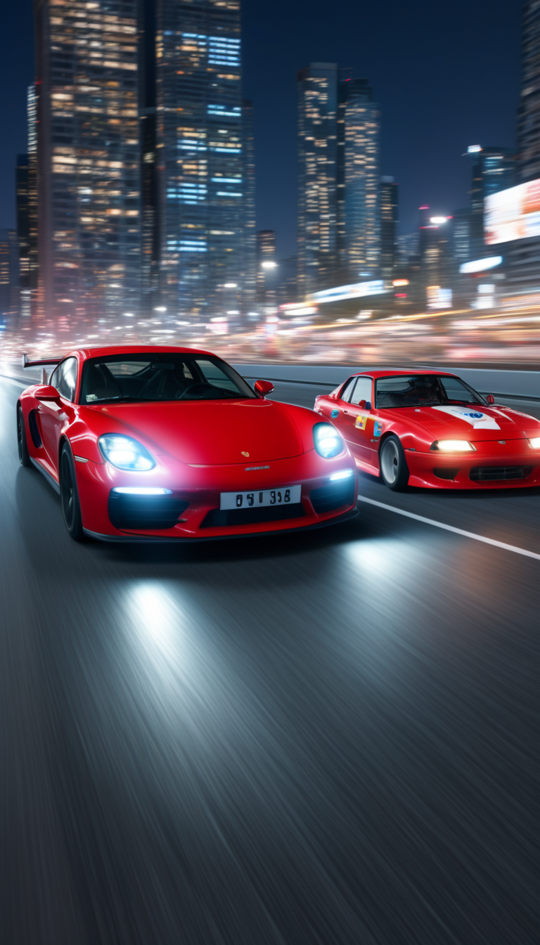 Night Racing Red No95 Car Gray Sedan High Speed Chase Neon Lit Track ...