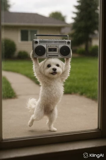 Maltese Dog Holding Boombox In Front Of House Door | AI Video