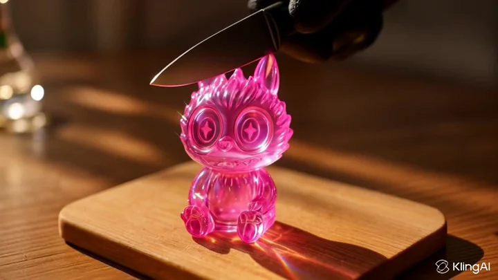 Macro Shot Crystal Clear Pink Glass Labubu Sliced With Red Hot Knife ...