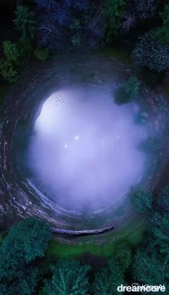 Mist Filled Forest Crater Spiraling Path Birds Rising From Fog | AI Image
