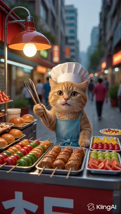Cute Anthropomorphic Cat Chef At Vibrant Street Food Stall | AI Image
