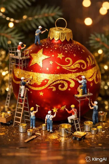 Miniature People Decorating Red Christmas Ornament Golden Patterns ...