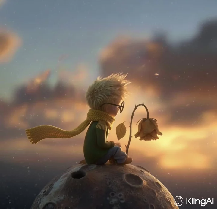 Little Prince On Small Planet With Yellow Scarf Watching Wilted Rose At ...
