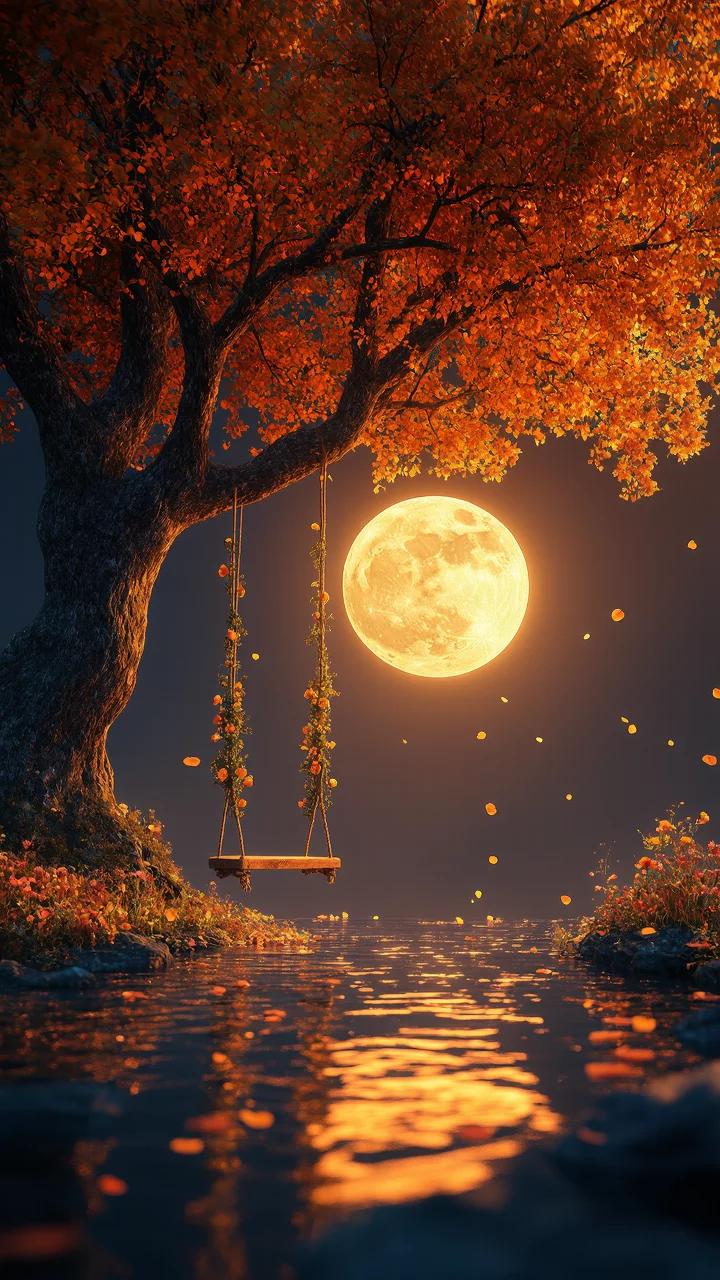 Magical Autumn Night Glowing Tree Swing Shimmering Stream Full Moon ...