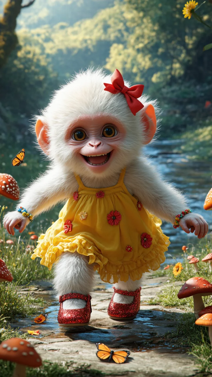 Adorable Baby Albino Monkey Walking Valley Path Yellow Red Flowerprint ...