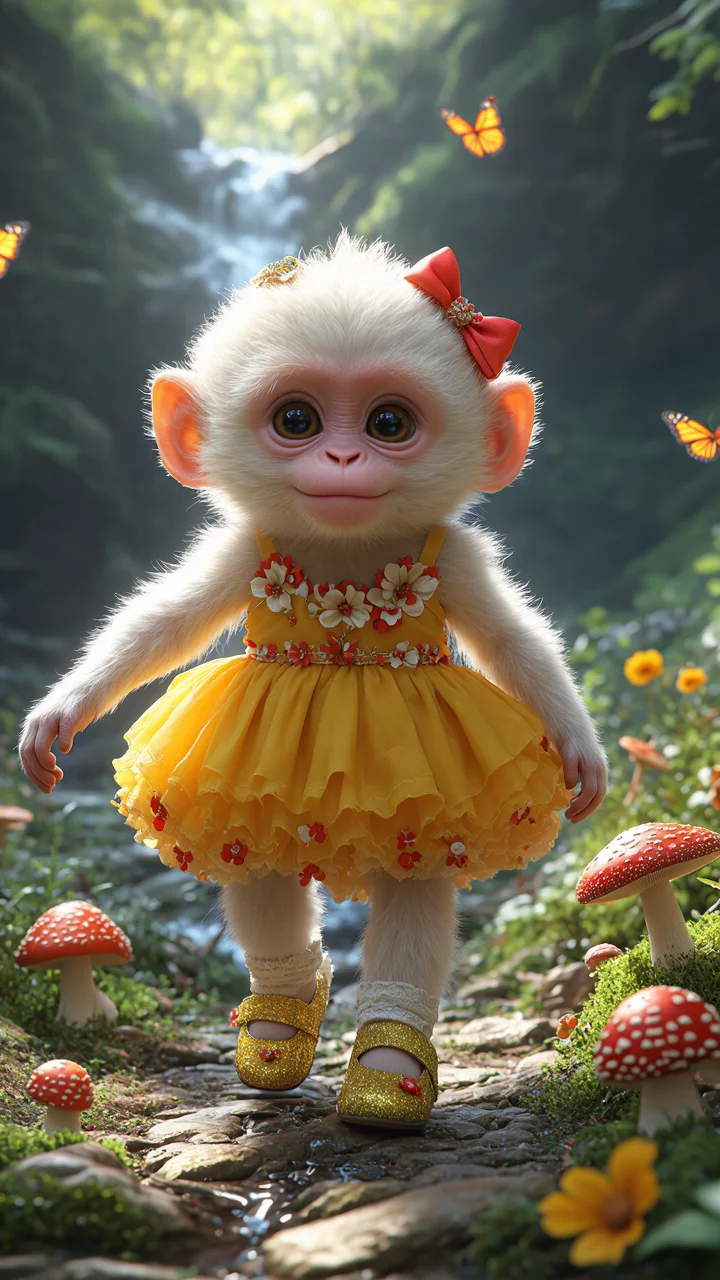Adorable Baby Albino Monkey In Yellow Dress Walking Valley Path ...