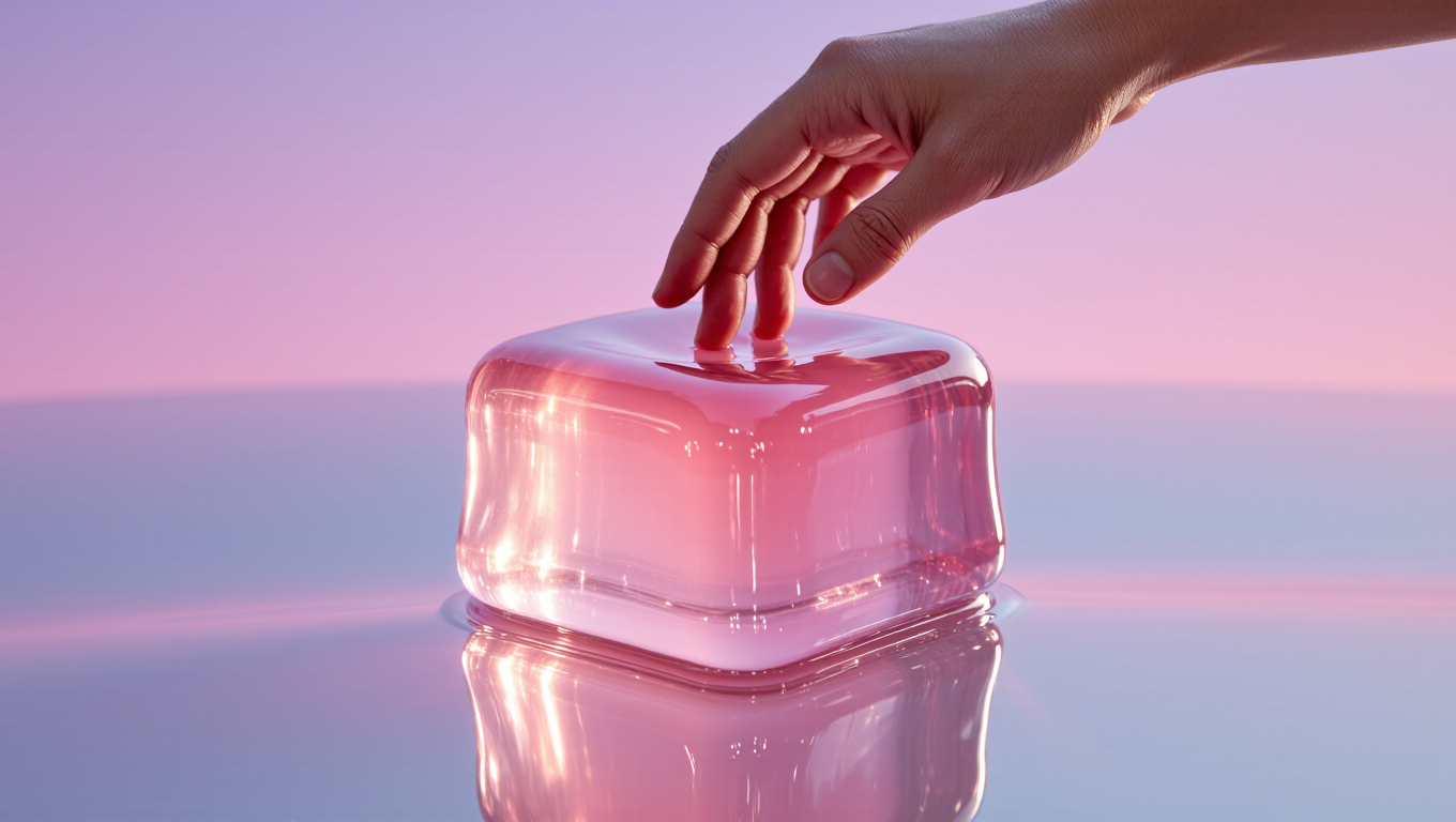 Soft Translucent Pink Jelly Cube Squished By Hand Asmr Style | AI Image
