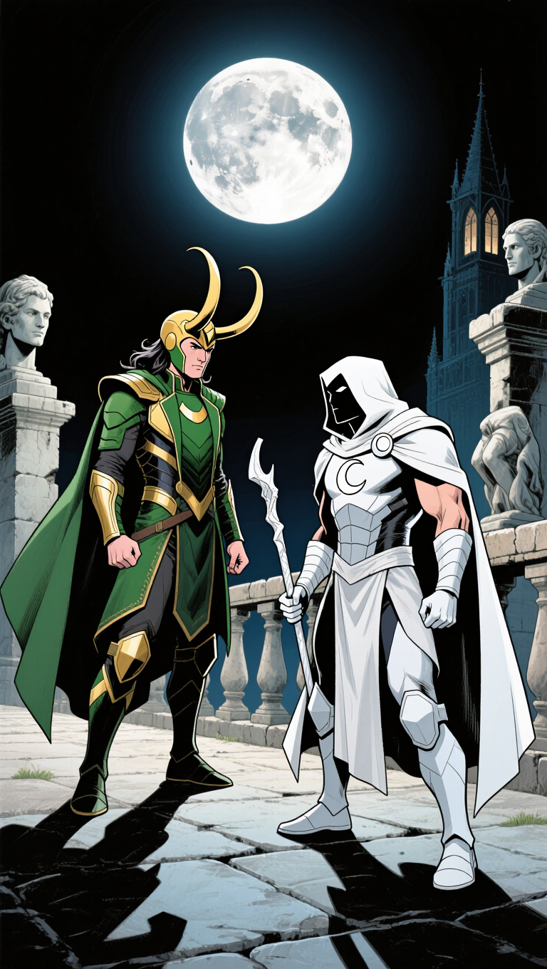 Loki And Moon Knight Battle On Ancient Rooftop Under Full Moon | AI Image