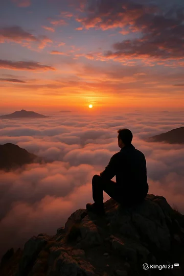 Man Meditating At Sunset Above Clouds In Mountains | AI Video