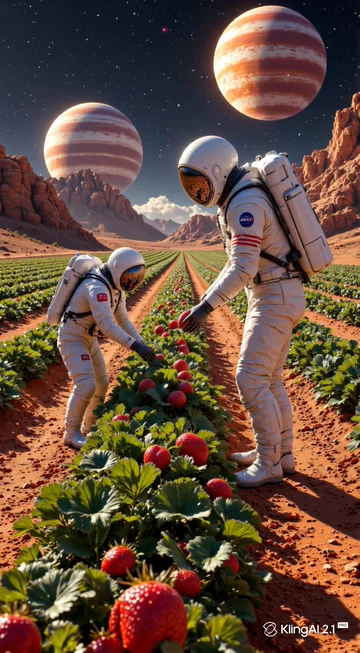 Astronauts Harvest Strawberries On Mars Under Jupiters Gaze Cinematic ...