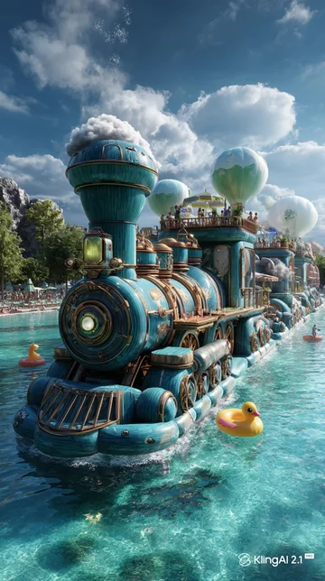 Inflatable Train Float On Blue Lake People Relaxing Summer Fun | AI Video