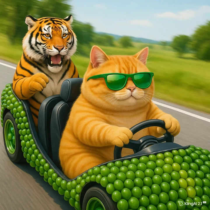 Tiger And Cat In A Green Car Chasing A Livestream Funny Scene | AI Video