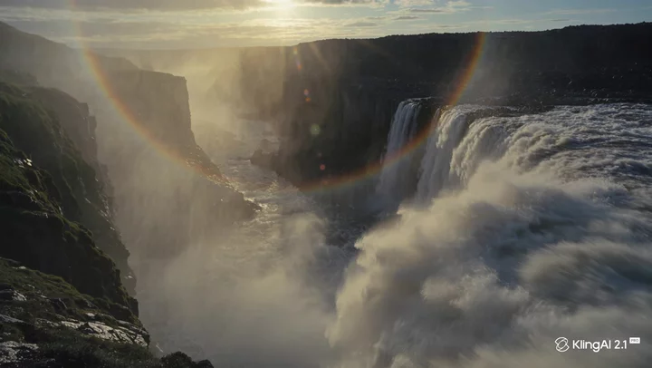 Super Deep Waterfall With Rainbow And Mist At Sunset | AI Video