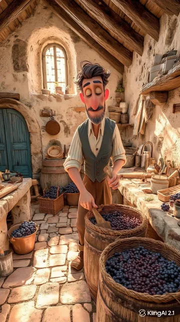 Whimsical Cartoon Chef Cooking Dark Purple Grapes Rustic Kitchen Wooden ...