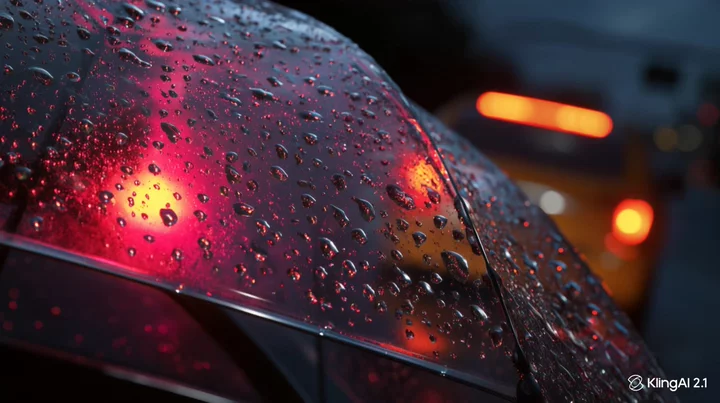 Raindrops On An Umbrella Red Lights In Background | AI Video