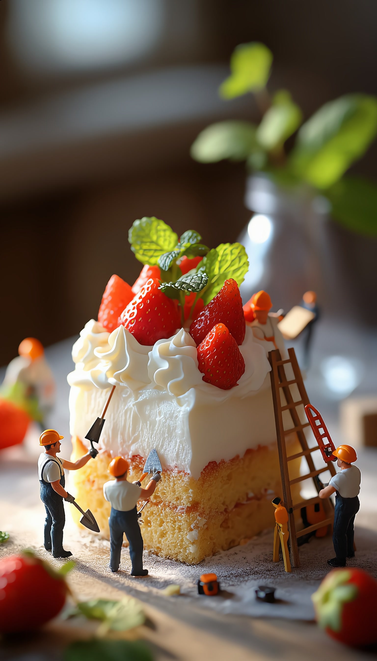Miniature Workers Build Cake With Whipped Cream Strawberries Mint | AI ...