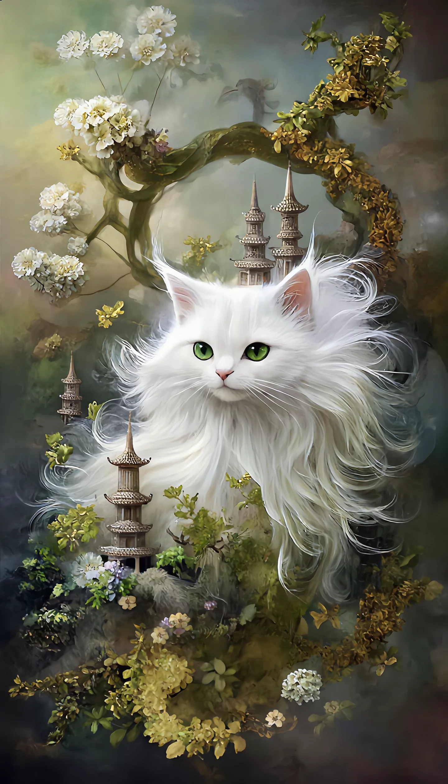 Majestic Persian Cat In Enchanted Garden With Ancient Pagodas | AI Image