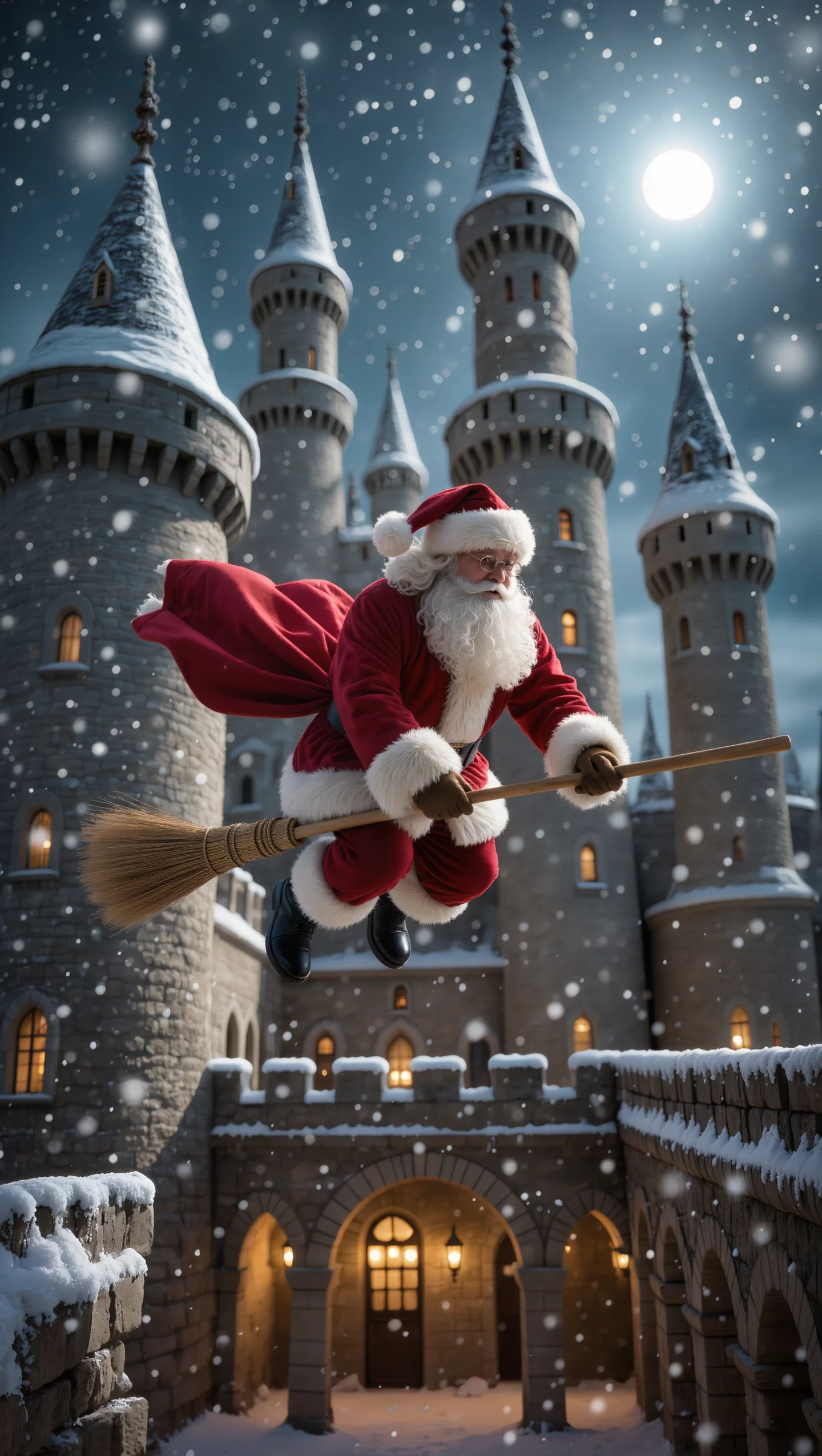 Santa Claus Flying Night Sky Broomstick Snowy Castle Moonlight 4k ...