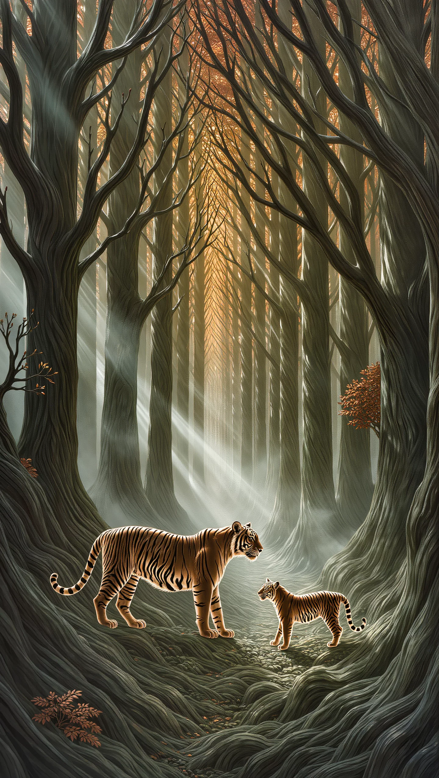 Enchanted Forest Vertical 916 Bold Woodcut Style Tiger Pair Moody ...