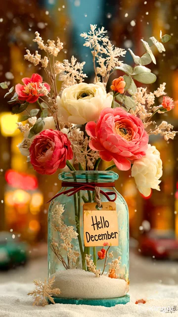 Hello December Flowers In Jar Winter Greeting Festive Season | AI Video