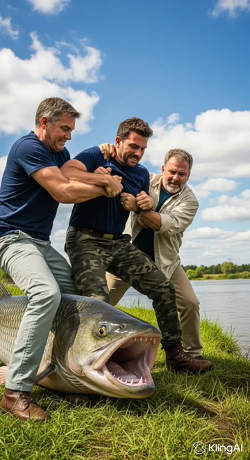 Three Men Rescue Man From Giant Fish Cinematic Riverbank Scene | AI Video