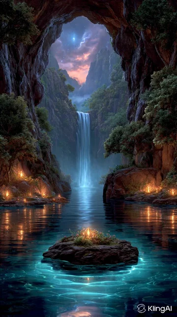 Beautiful Cave With Enchanting Waterfall And Glowing Lights | AI Video