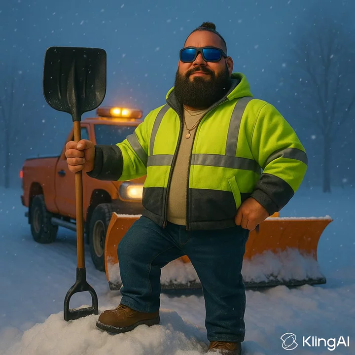 Man In Reflective Safety Jacket Shoveling Snow With Snowplow Truck ...