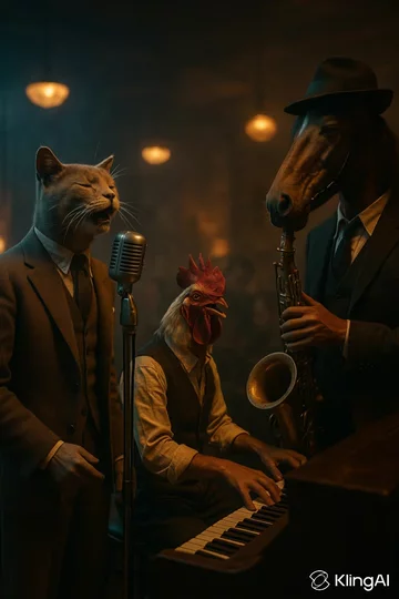 Jazz Meow Concert Cat Rooster Horse In Suits Playing Music | AI Video